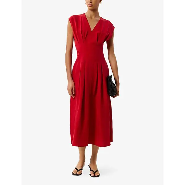 Whistles V-neck Linen-blend Midi Dress - Red