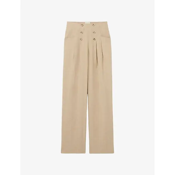Claudie Pierlot Wide-leg Linen-blend Trousers With Button Detail - Sand