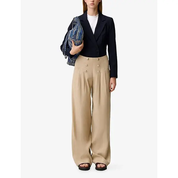 Claudie Pierlot Wide-leg Linen-blend Trousers With Button Detail