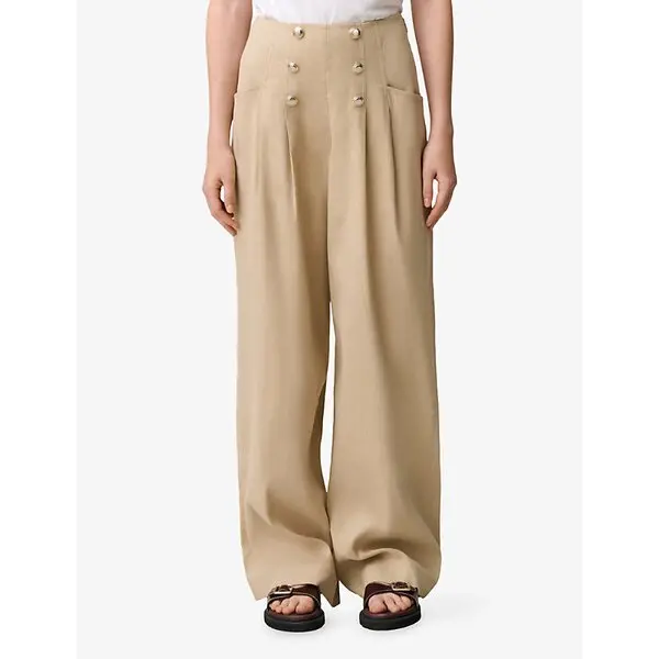 Claudie Pierlot Wide-leg Linen-blend Trousers With Button Detail