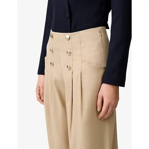Claudie Pierlot Wide-leg Linen-blend Trousers With Button Detail