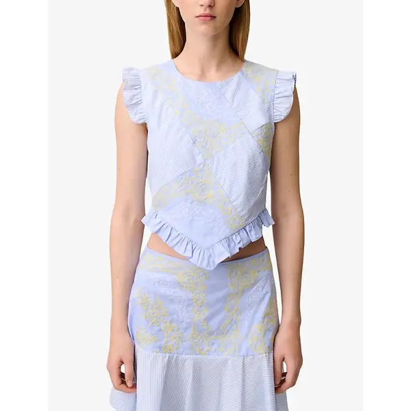 Claudie Pierlot Striped Ruffled Cotton Top