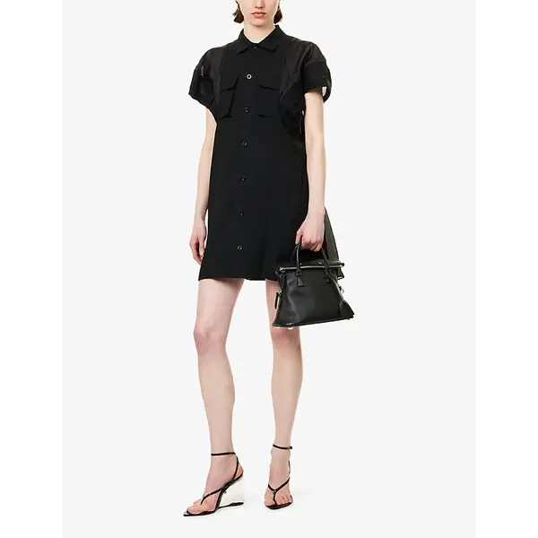 Sacai Pleated Contrast Satin And Wool Mini Dress