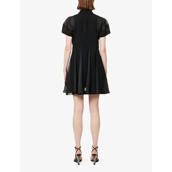 Sacai Pleated Contrast Satin And Wool Mini Dress