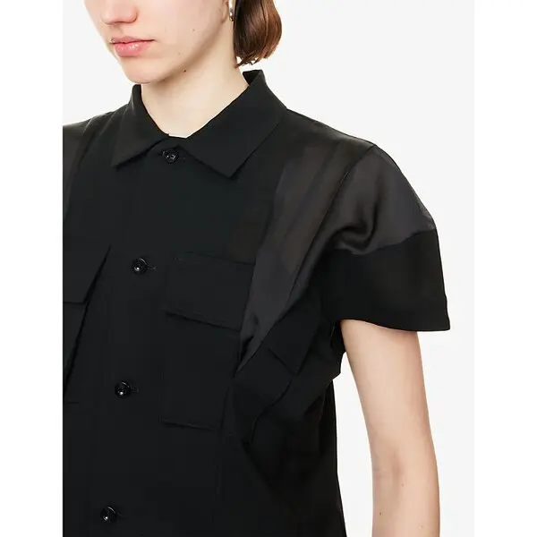 Sacai Pleated Contrast Satin And Wool Mini Dress