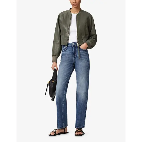 ALLSAINTS Suri Zip-up Cropped Leather Bomber Jacket - Caledone Green