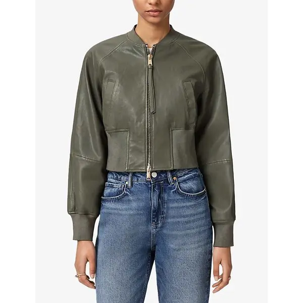 ALLSAINTS Suri Zip-up Cropped Leather Bomber Jacket - Caledone Green