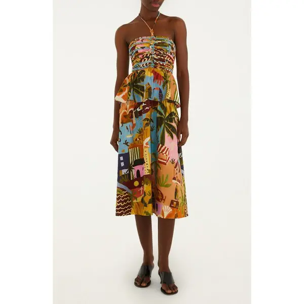 Farm Rio Tropical Print Corded Bodice Midi Dress
