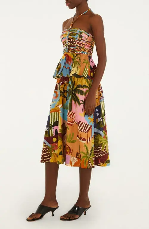 Farm Rio Tropical Print Corded Bodice Midi Dress