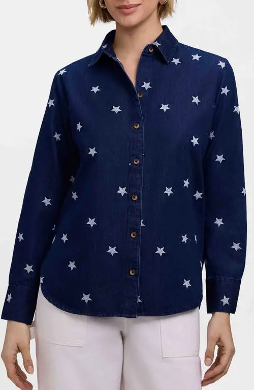 Foxcroft Meghan Star Embroidered Denim Button-up Shirt - Navy Blue/multi