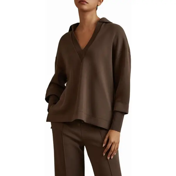 REISS Bernie Johnny Collar Sweatshirt - Chocolate
