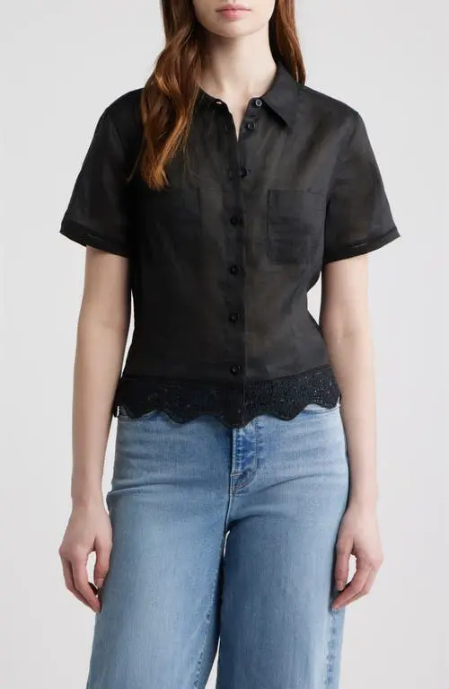 FRAME The Embroidered Seaside Ramie Button-up Top - Black