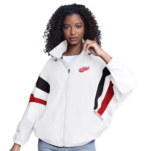 G-III SPORTS BY CARL BANKS Detroit Red Wings Game News Oversized Full-zip Hoodie Jacket - White