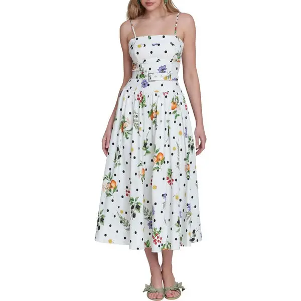 Avec Les Filles Fruit Florals & Polka Dot Belted Drop Waist Midi Dress - White Scattered Bota