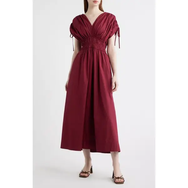 Vince Camuto Cotton Poplin Ruched Tie Shoulder Dress - Wine