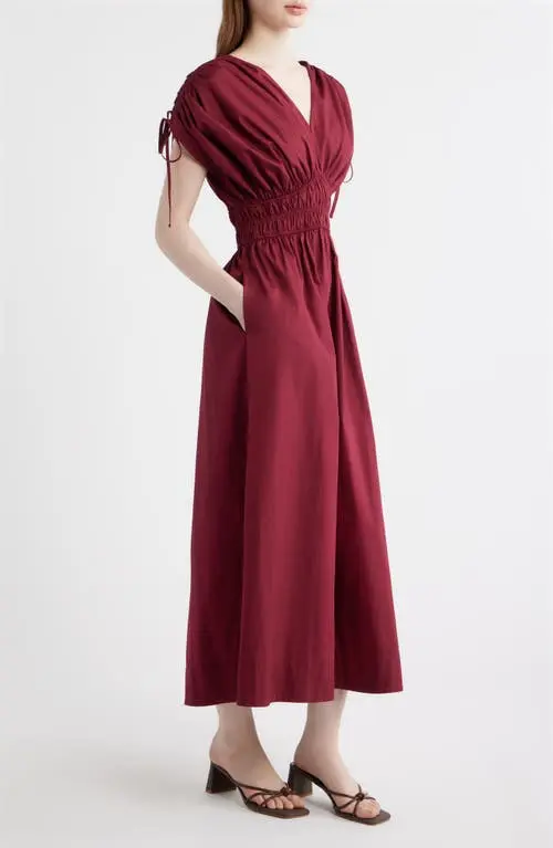 Vince Camuto Cotton Poplin Ruched Tie Shoulder Dress - Wine