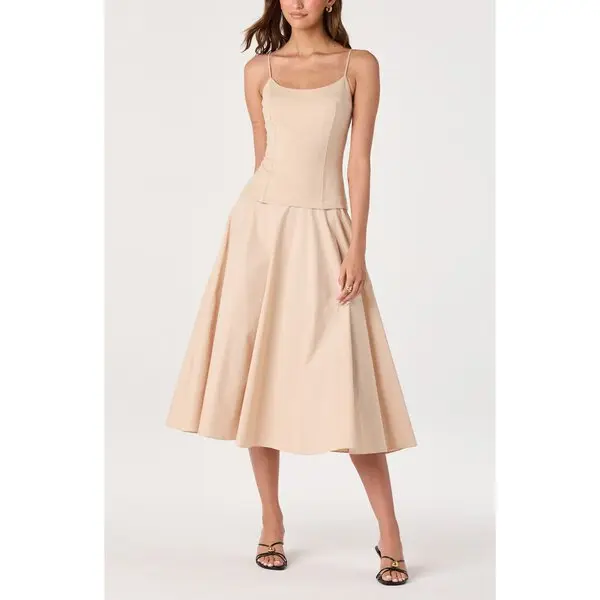 Astr The Label Cierra Mixed Media Fit & Flare Midi Dress - Natural