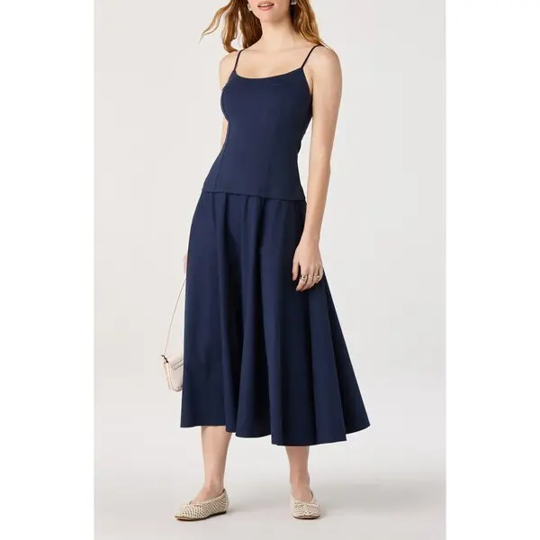Astr The Label Cierra Mixed Media Fit & Flare Midi Dress - Navy