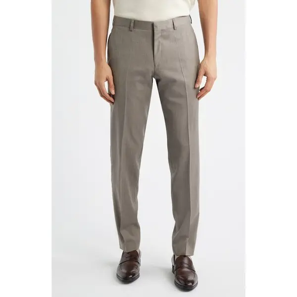 BOSS Flat-front Slim Fit Wool Dress Pants - Medium Beige