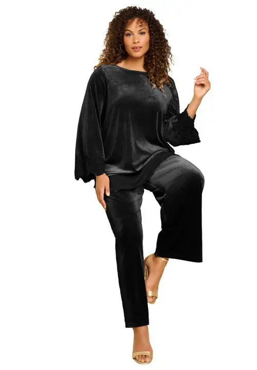 Roaman's Velour Tunic With Lace Trim And Bell Sleeves - Black