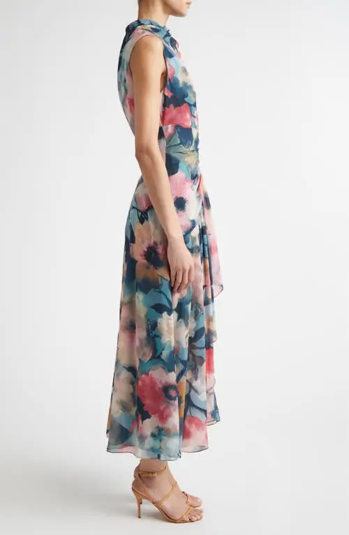 Lela Rose Abstract Floral Draped Chiffon A-line Midi Dress