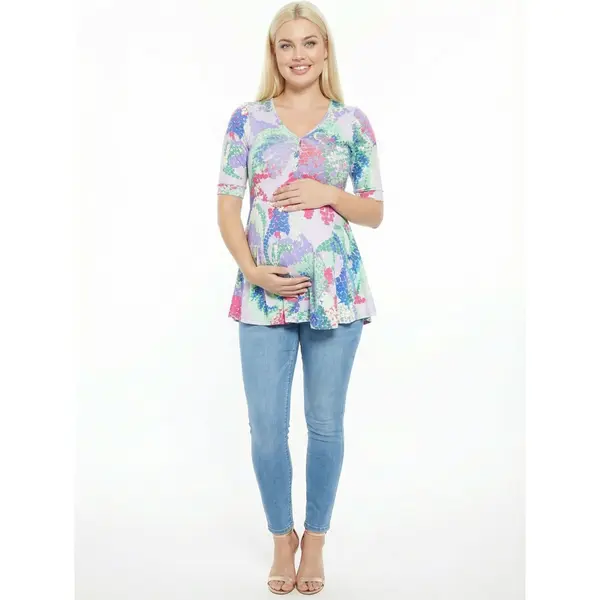 24SEVEN COMFORT APPAREL Maternity Abstract V-neck Elbow Sleeve Henley Tunic Top - Lilac Multi