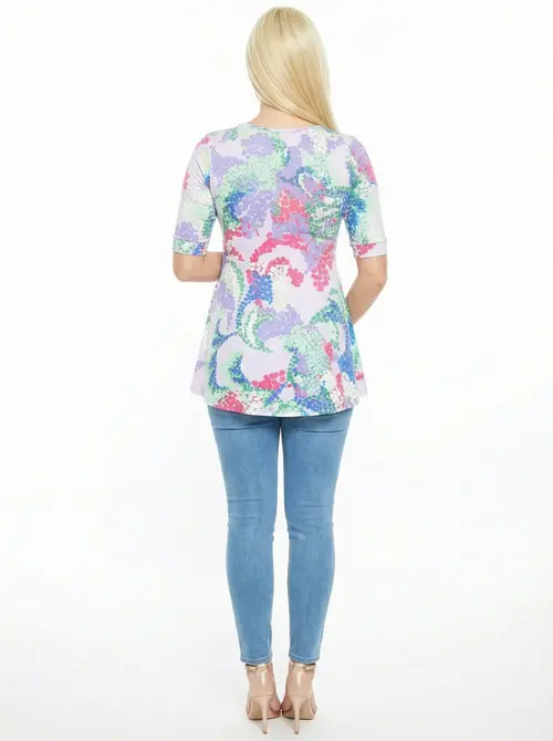 24SEVEN COMFORT APPAREL Maternity Abstract Print Henley Tunic Top - Lilac Multi