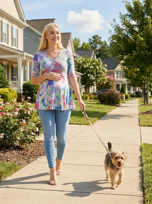 24SEVEN COMFORT APPAREL Maternity Abstract Print Henley Tunic Top - Lilac Multi