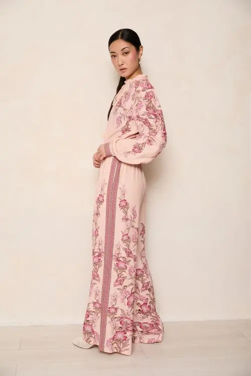 RAISHMA Floral Print Long Sleeve Jumpsuit With Waist Tie - Pink