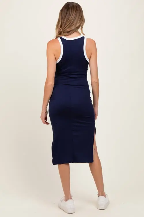PINKBLUSH High Neck Ribbed Sleeveless Midi Dress