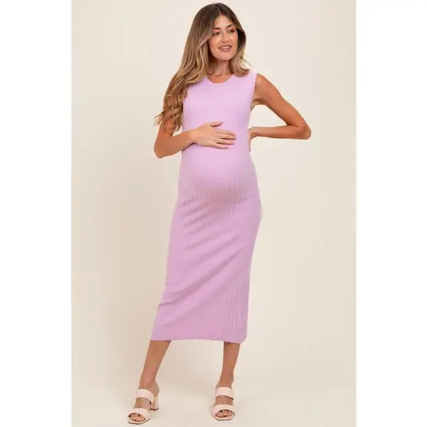 PINKBLUSH Scalloped Ribbed Knit Sleeveless Midi Dress - Light Pink