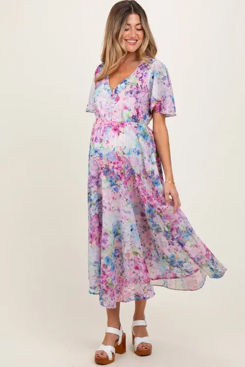 PINKBLUSH Watercolor Floral Flutter Sleeve Midi Dress - Light Pink
