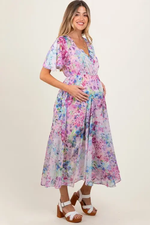 PINKBLUSH Watercolor Floral Flutter Sleeve Midi Dress - Light Pink