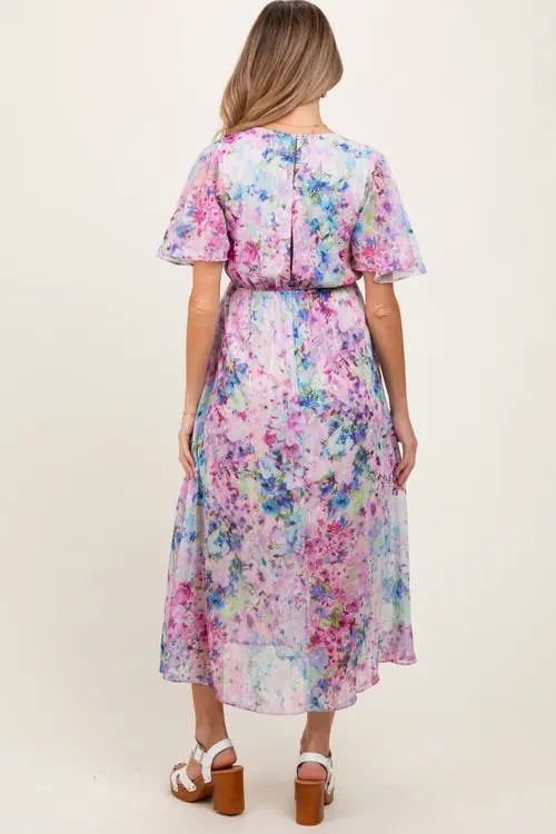 PINKBLUSH Watercolor Floral Flutter Sleeve Midi Dress - Light Pink