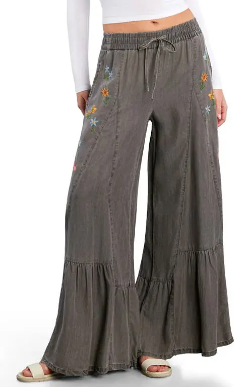 BILLY T Embroidered Butterfly Drawstring Wide Leg Jeans - Grey Bloom