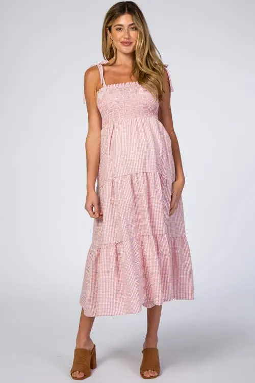 PINKBLUSH Checkered Tiered Midi Dress - Pink