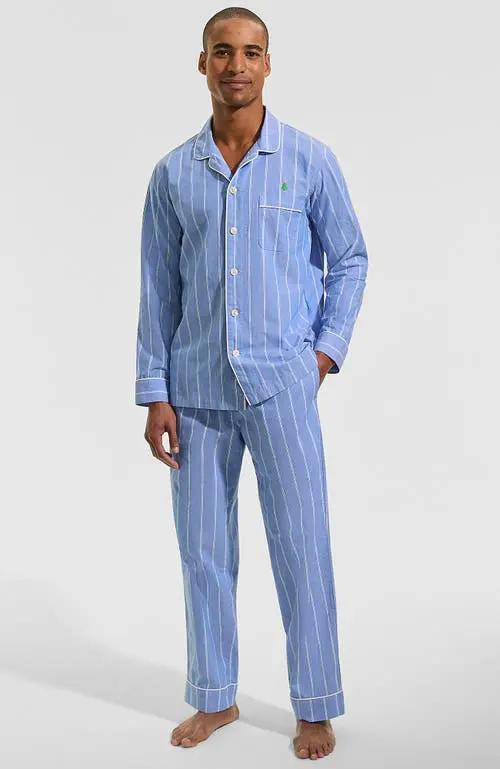 LANDS' END Poplin Pajama Pants - Muted Cobalt Blue/white Stripe
