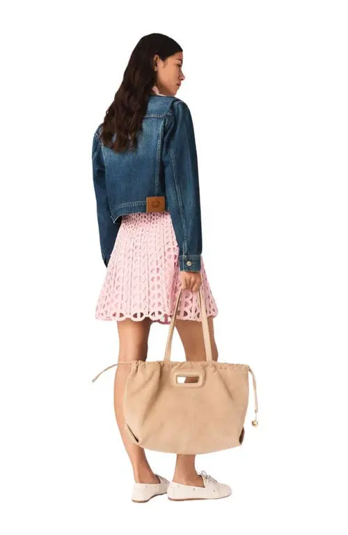 Maje Cropped Denim Trucker Jacket With Leather Collar