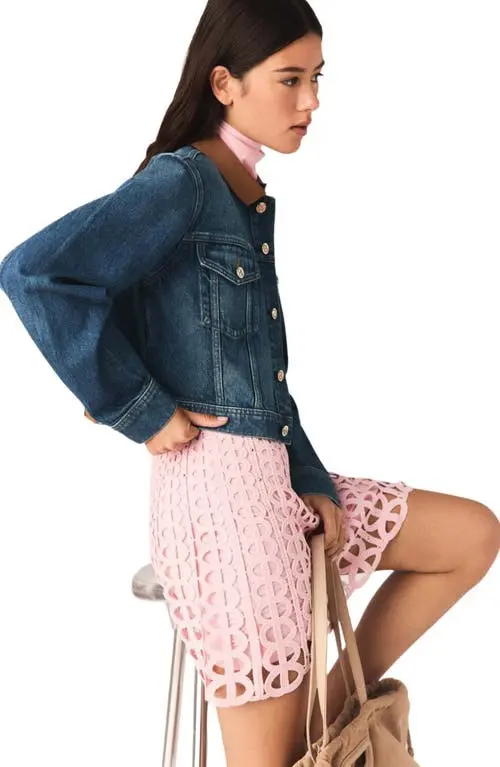 Maje Cropped Denim Trucker Jacket With Leather Collar