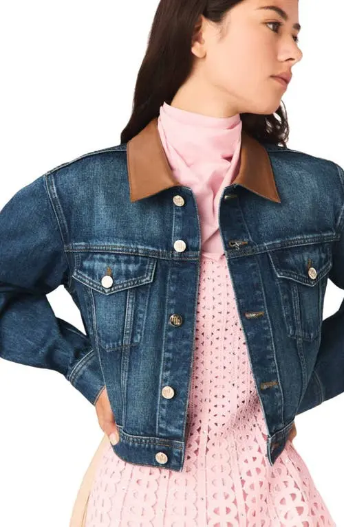 Maje Cropped Denim Trucker Jacket With Leather Collar