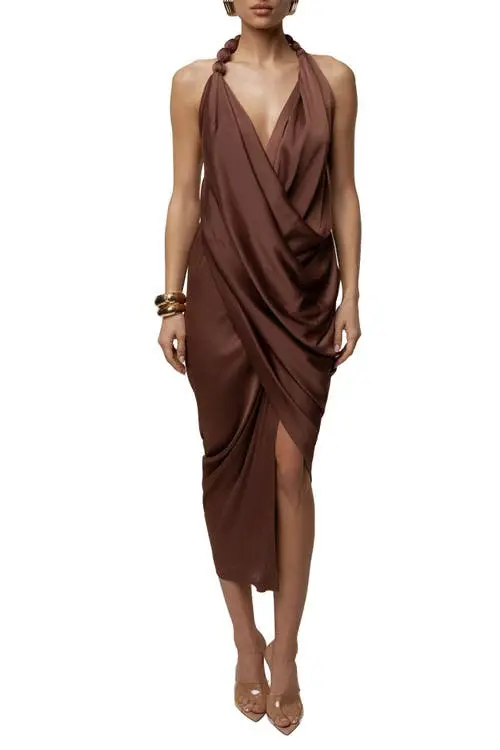JLUXLABEL Dolce Draped Halterneck Midi Dress - Brown