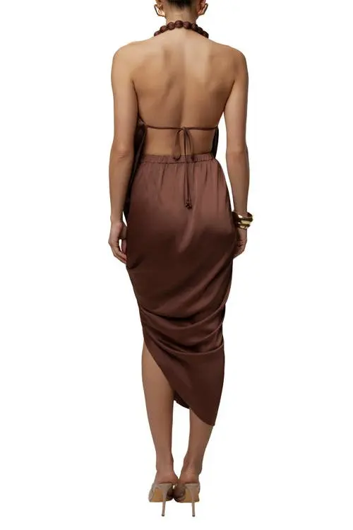 JLUXLABEL Dolce Draped Halterneck Midi Dress - Brown