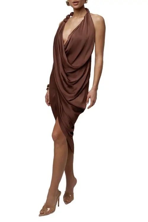 JLUXLABEL Dolce Draped Halterneck Midi Dress - Brown
