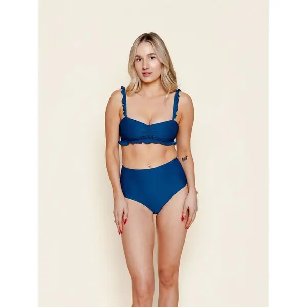 KITTY AND VIBE Ruffle Bikini Top - Navy Waffle