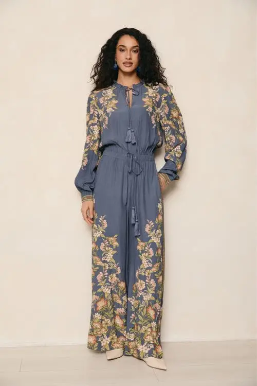 RAISHMA Floral Printed Jumpsuit With High Neckline And Long Sleeves - Blue