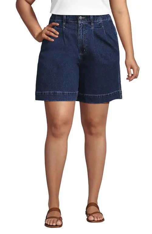 LANDS' END Soft Denim High Rise 7" Pleated Trouser Shorts - Crawford Wash