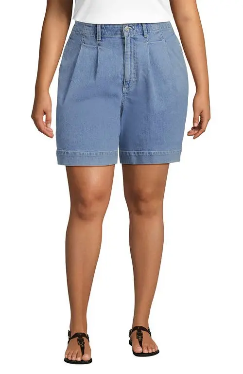 LANDS' END Soft Denim High Rise 7" Pleated Trouser Shorts - Hutton Blue Wash
