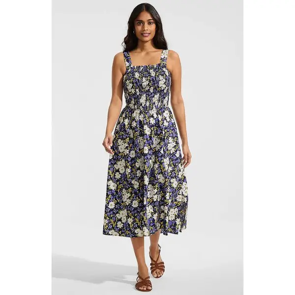 LANDS' END Poplin Smocked Bodice Midi Dress - Deep Sea Spring Floral
