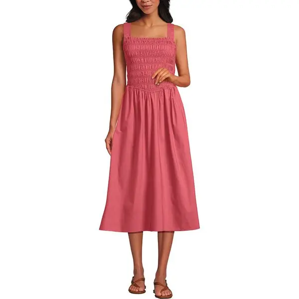LANDS' END Poplin Smocked Bodice Midi Dress - Soft Mojave Rose