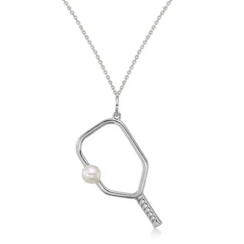 ALLUREZ Cultured Pearl Ball & Pickleball Paddle Pendant Necklace In 14k - White Gold
